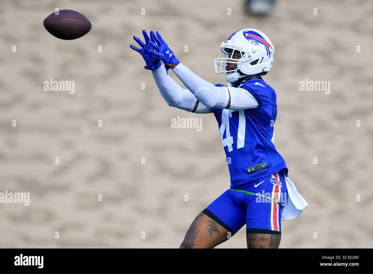 Buffalo Bills cornerback Christian Benford (47) runs a drill during ...