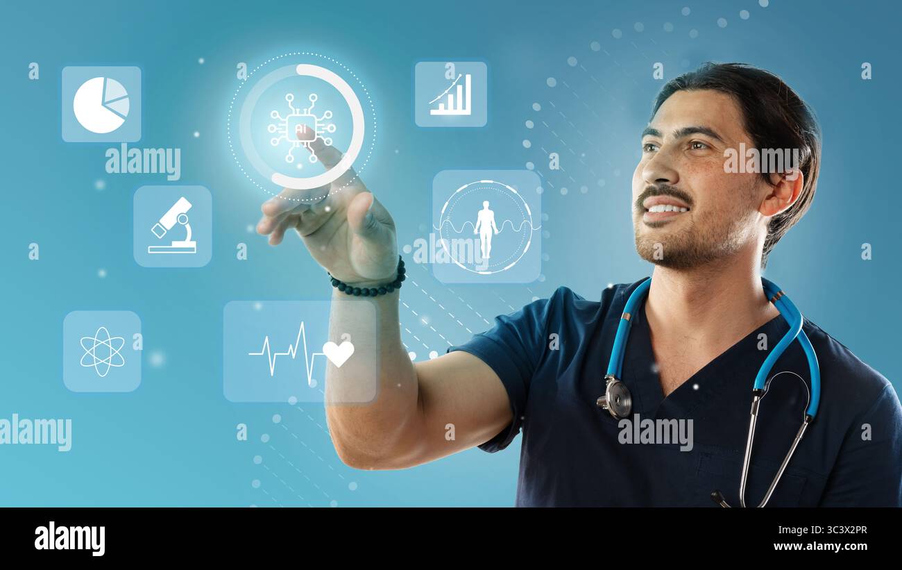 Healthcare professional interacting with digital technology in a modern ...
