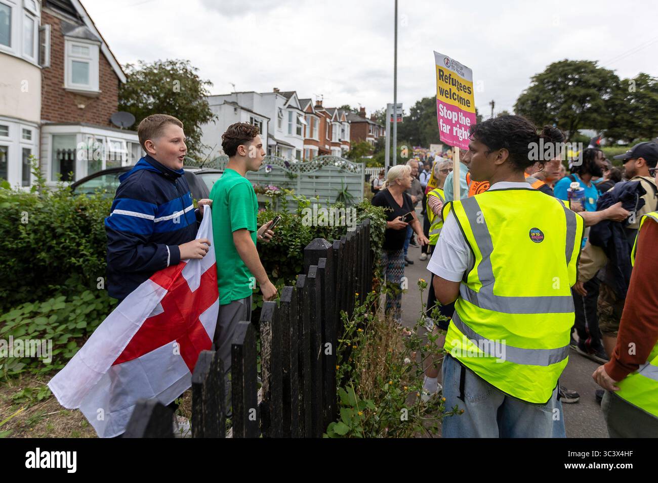Epping, UK. 27 July 2025 Anti-immigration protesters gathered outside ...