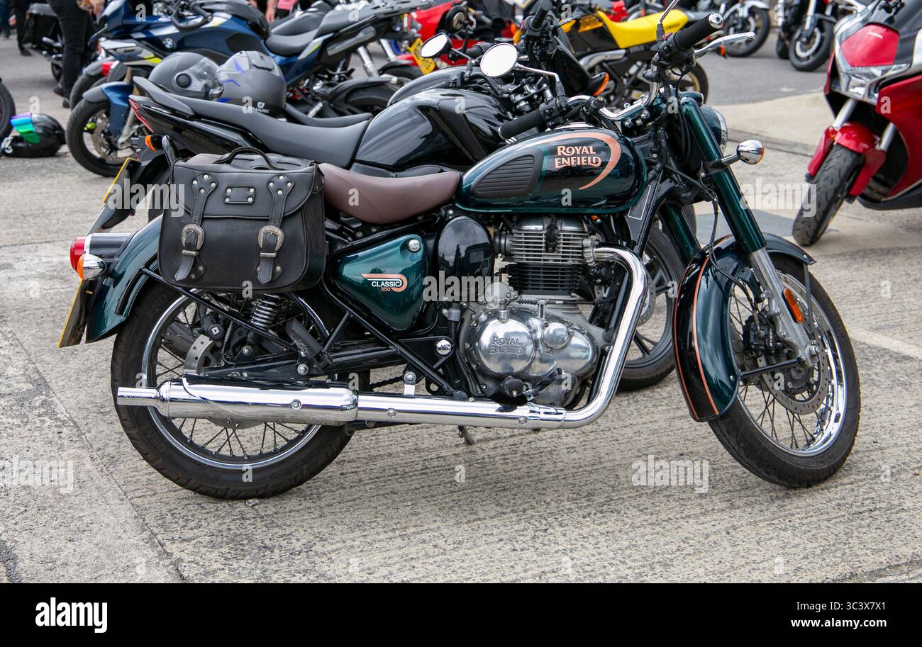 Royal Enfield classic 3509 motorcycle with saddlebag parked alongside ...