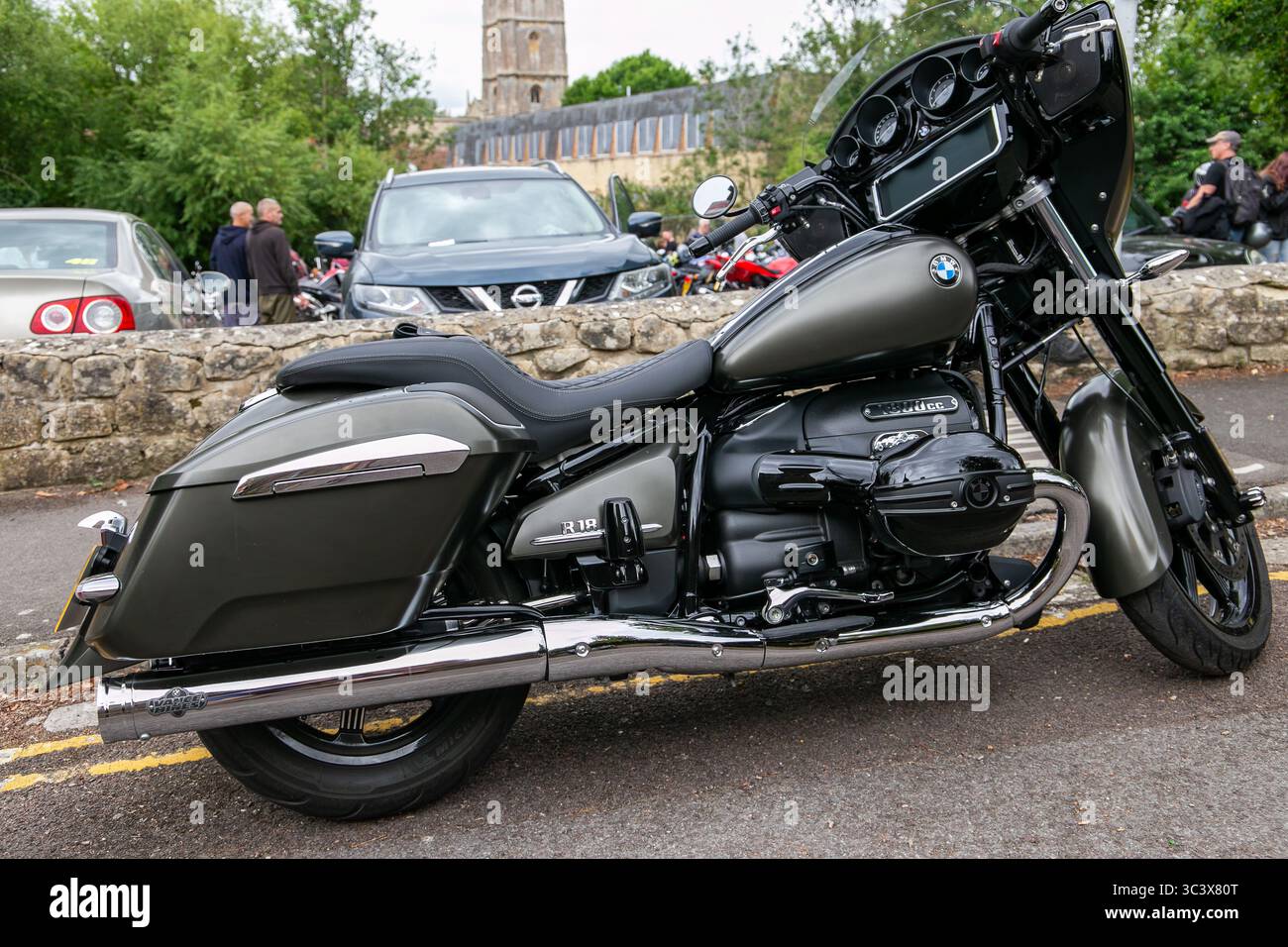 A BMW R18 Transcontinental motorcycle parked on a street at the Calne ...