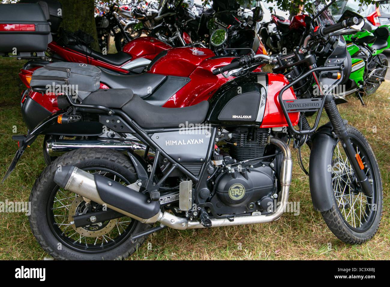 Royal Enfield Himalayan motorcycle parked on grass alongside numerous ...