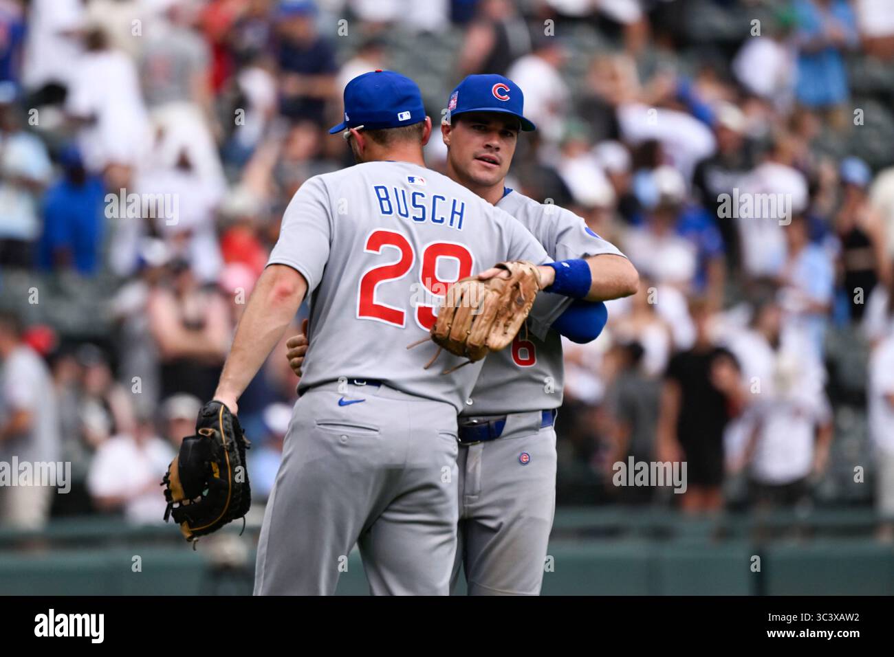 Chicago Cubs first baseman Michael Busch (29) and third baseman Matt ...