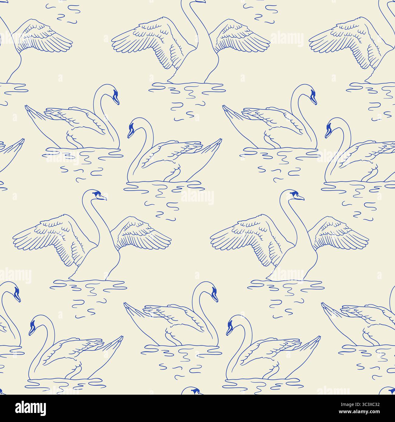 Monochrome vintage art nouveau toile hand drawn swan swimming in water ...