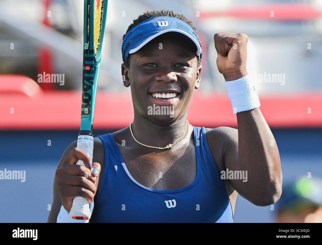 Victoria Mboko, of Canada, reacts following her first-round win over ...