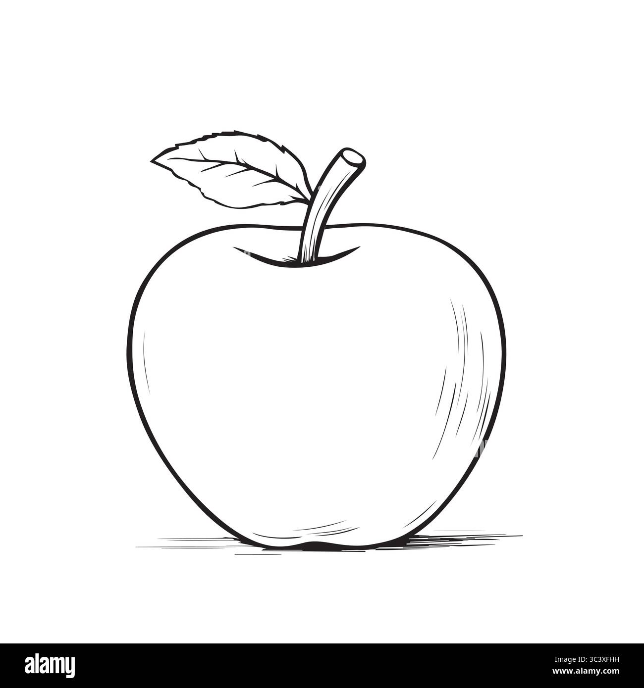 Black and white vector illustration of an apple with a leaf. Hand-drawn ...