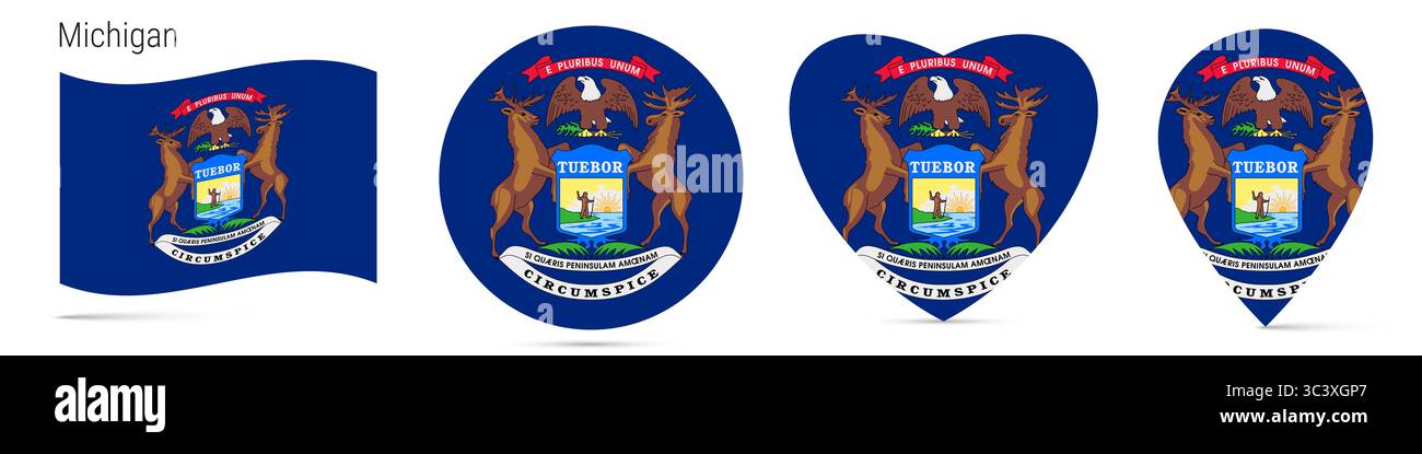 Michigan US state waving flag, round circle sticker badge, heart shaped ...