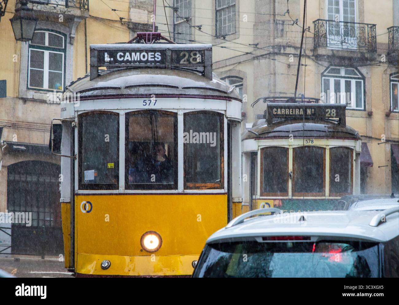 Lisbon, Portugal, March 07, 2025. View of iconic yellow Tram 28 ...
