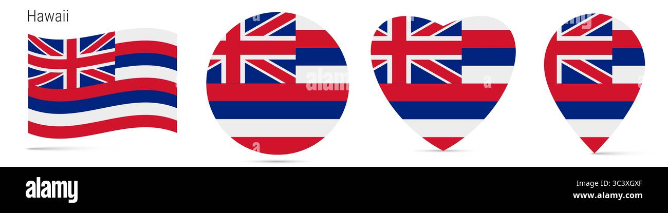 Hawaii US state waving flag, round circle sticker badge, heart shaped ...