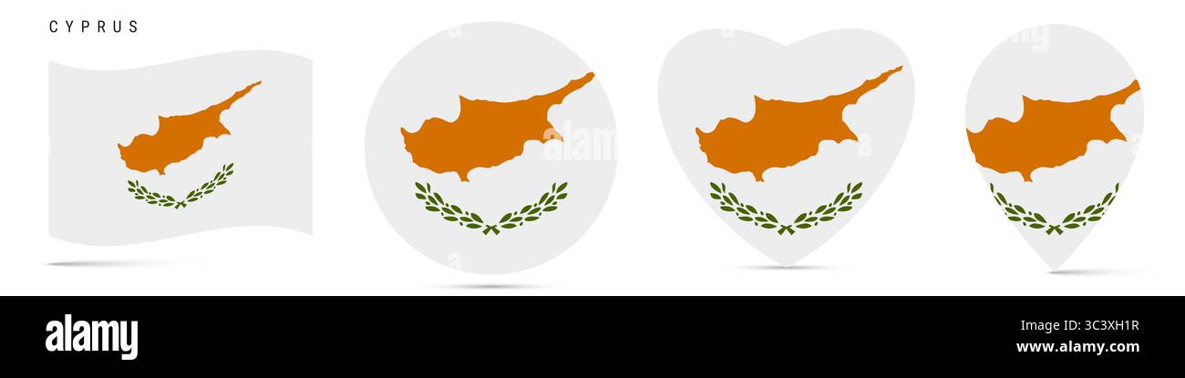 Cyprus waving flag, round circle sticker badge, heart shaped icon, map ...