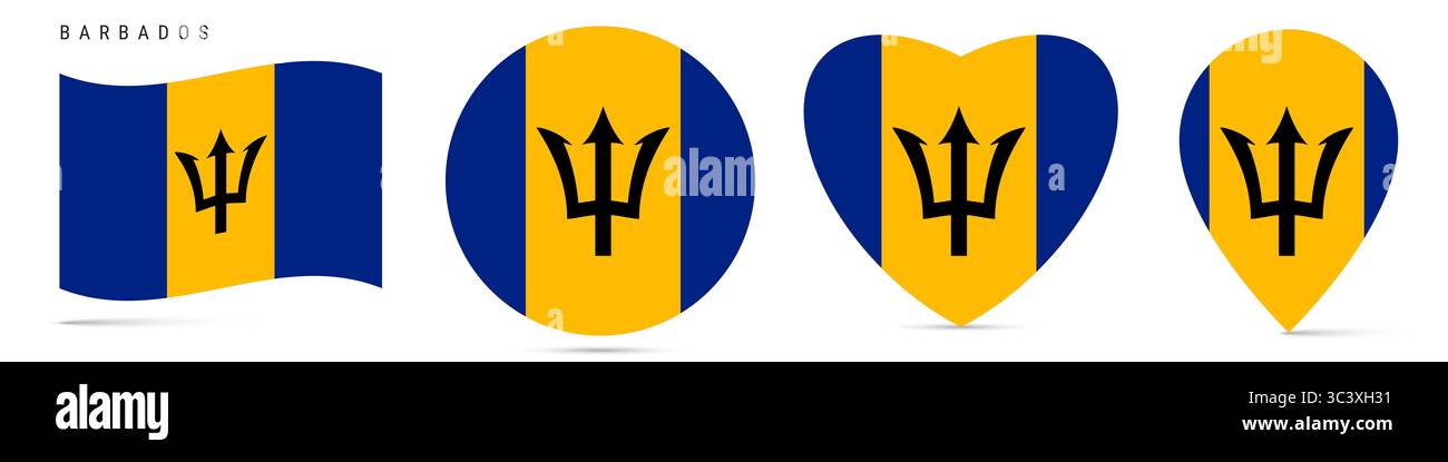Barbados waving flag, round circle sticker badge, heart shaped icon ...