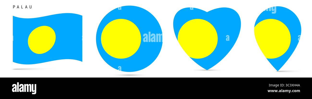 Palau waving flag, round circle sticker badge, heart shaped icon, map ...