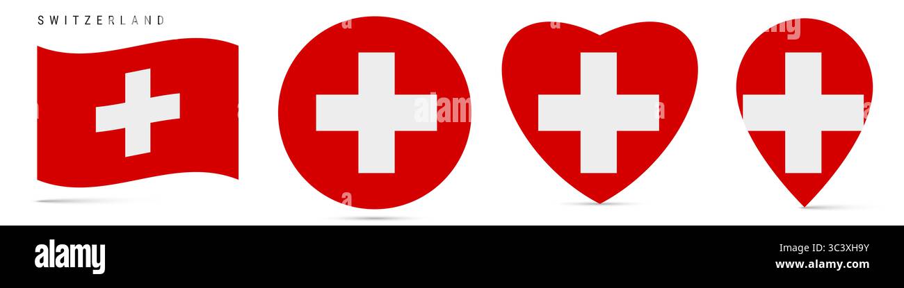 Switzerland waving flag, round circle sticker badge, heart shaped icon ...