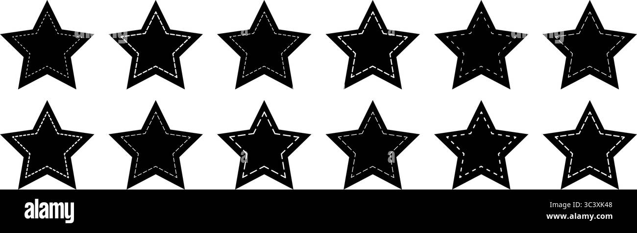 Set of black star shapes with dashed border lines. Dotted geometric ...