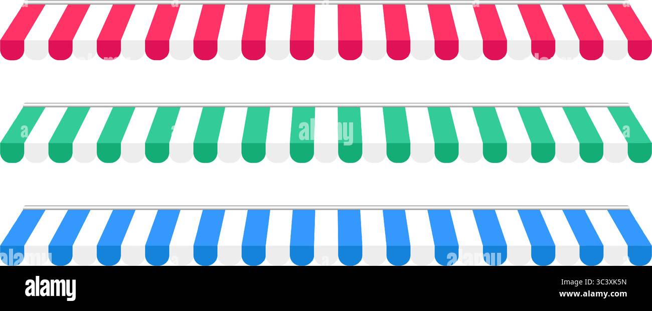 Set of shop awnings. Striped store canopies. Marketplace tents with red ...