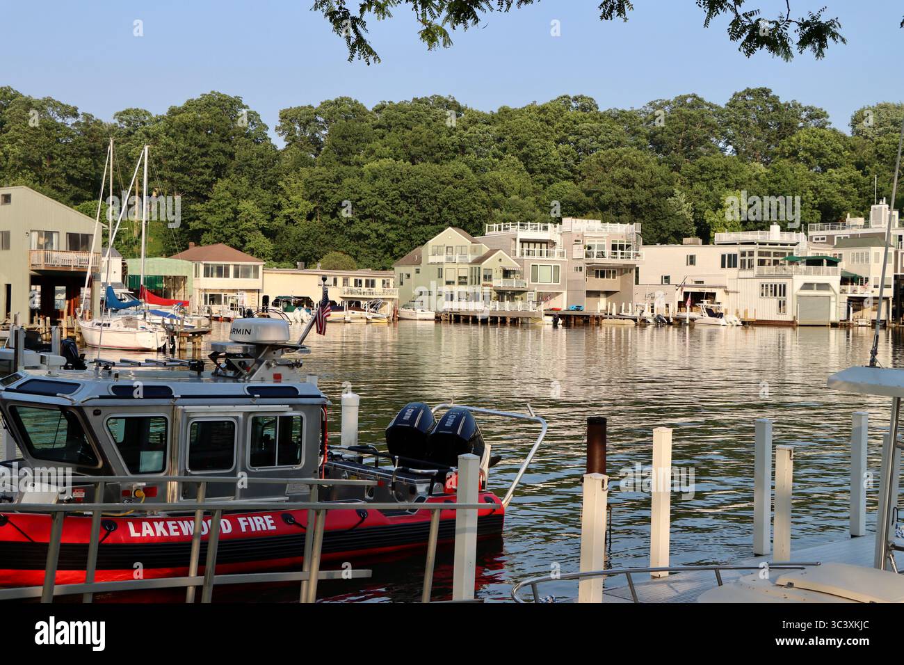 Lakewood Fire department boat in Clifton Lagoon on Rocky River inlet ...