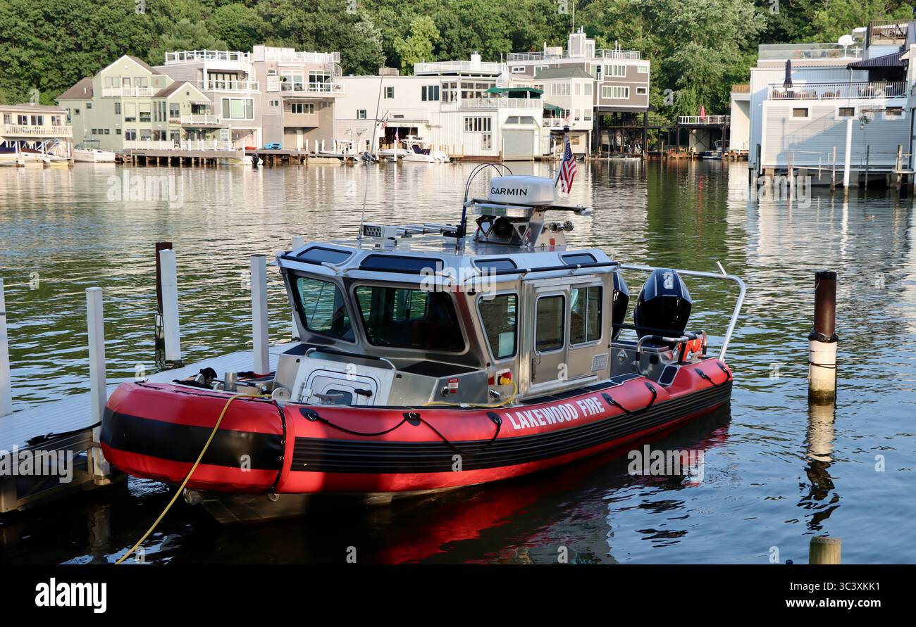 Lakewood Fire department boat in Clifton Lagoon on Rocky River inlet ...