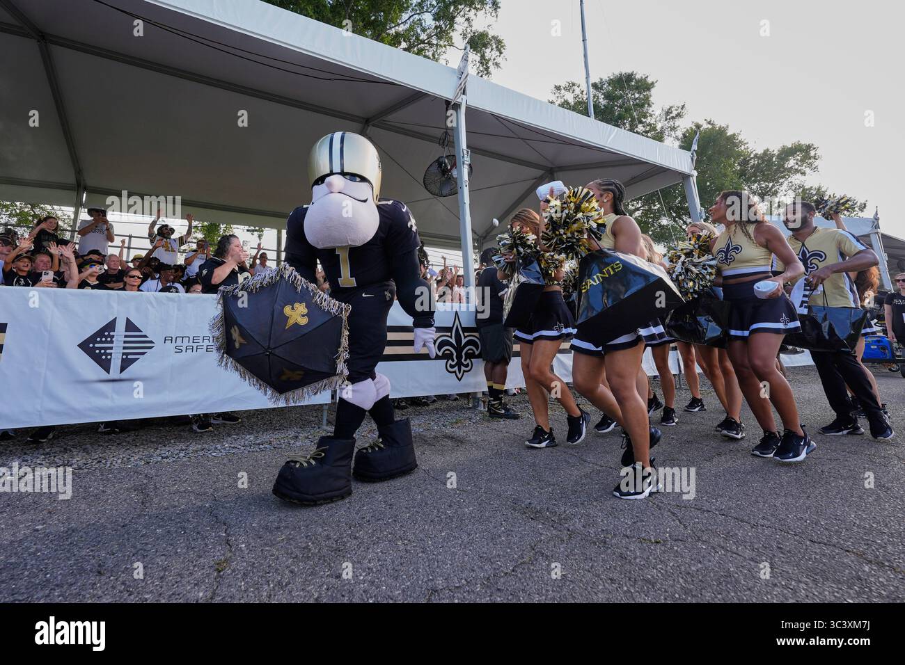 New Orleans Saints mascot Sir Saint leads cheerleaders during a second ...