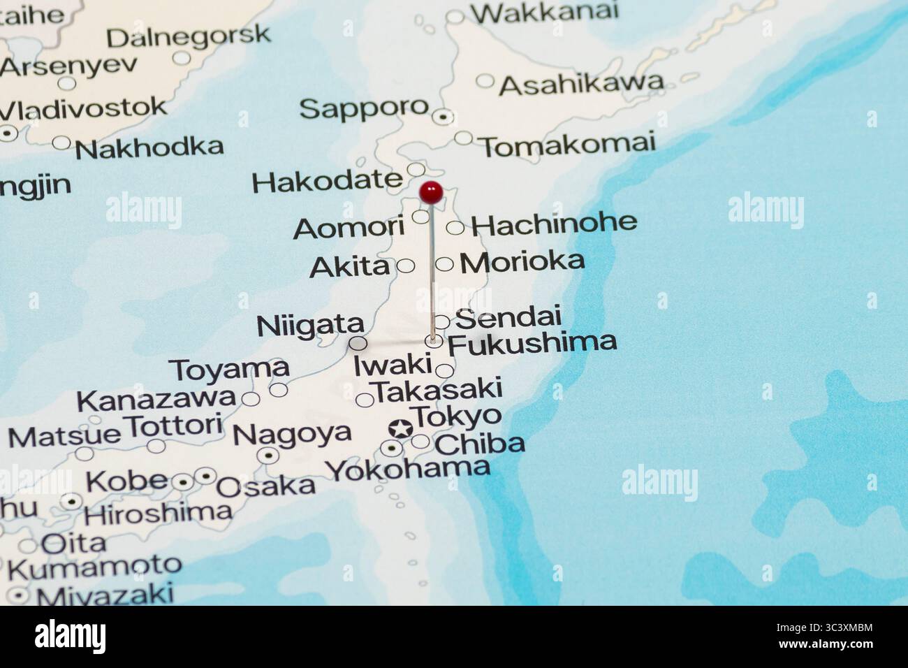 macro photo of a red pin needle into Fukushima city of Japan political ...