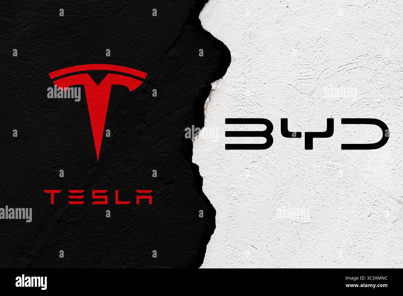 Tesla Inc and Build Your Dreams motors BYD logos into a grunge cracked ...