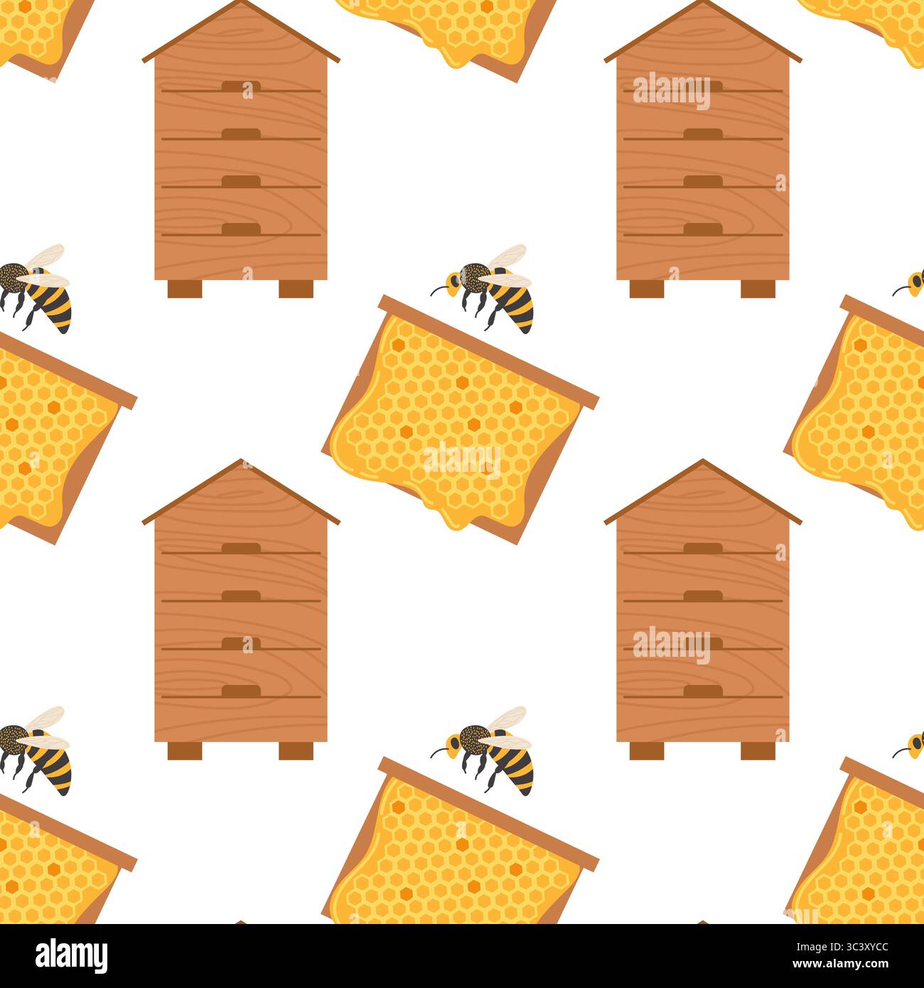 Honeycomb and beehive pattern design featuring bees in a playful ...