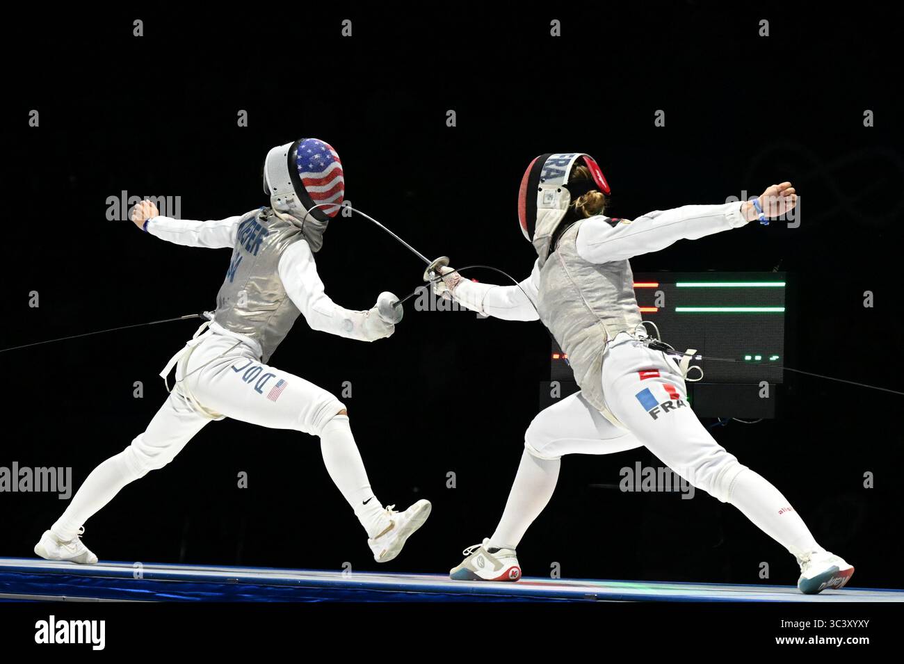 United States' Lee Kiefer (L) fights against France's Pauline Ranvier ...