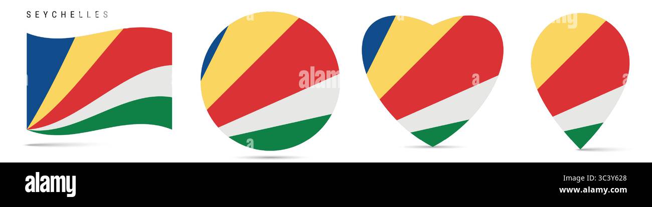 Seychelles waving flag, round circle sticker badge, heart shaped icon ...