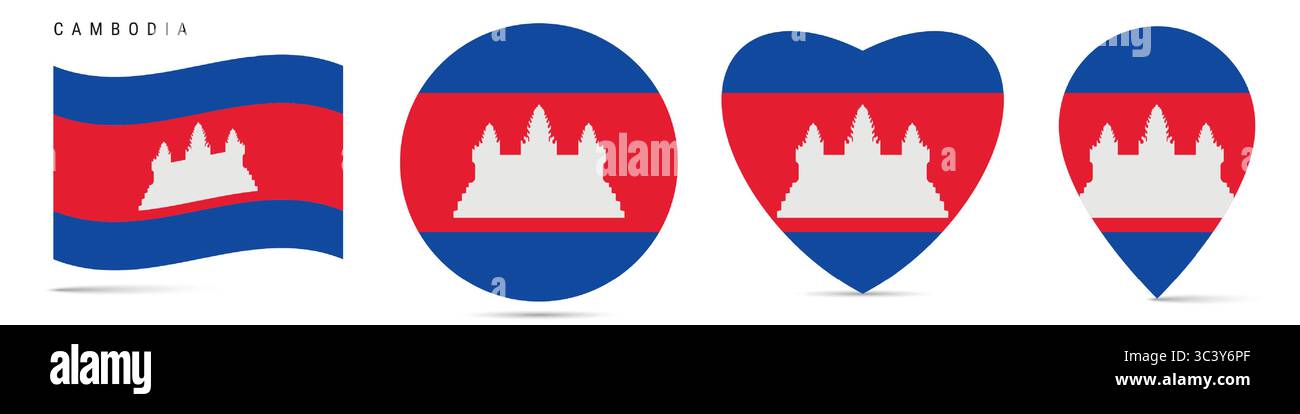 Cambodia waving flag, round circle sticker badge, heart shaped icon, map pin. Cambodian flag ...