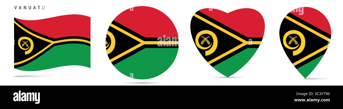 Vanuatu waving flag, round circle sticker badge, heart shaped icon, map ...