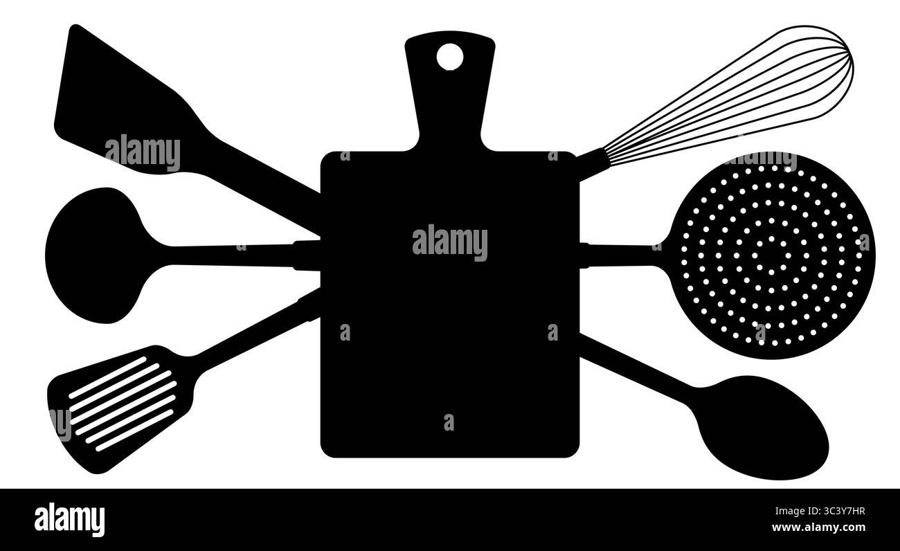 Cutting board. Whisk, ladle, spatula, spoon, colander, sieve. Kitchen ...