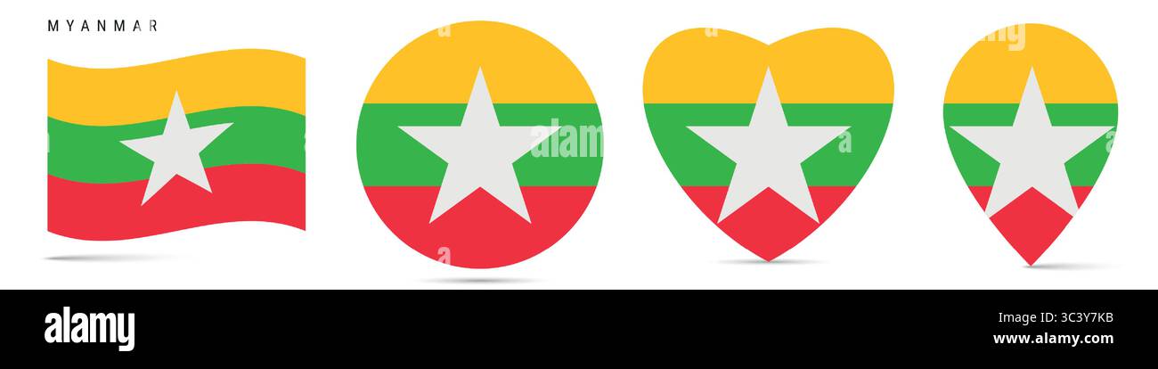 Myanmar waving flag, round circle sticker badge, heart shaped icon, map ...