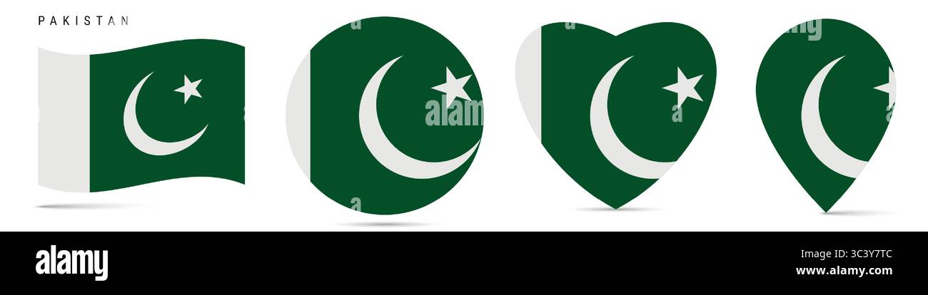 Pakistan waving flag, round circle sticker badge, heart shaped icon ...