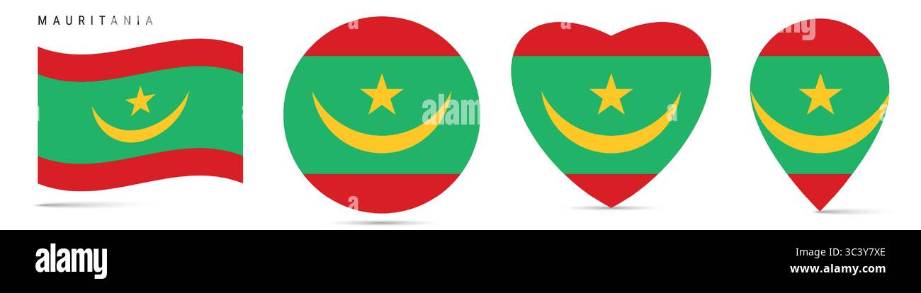 Mauritania waving flag, round circle sticker badge, heart shaped icon ...