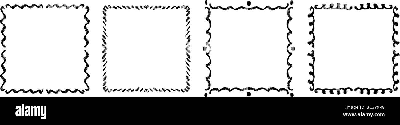 Hand drawn wavy square frame set. Black curly ribbon border collection ...