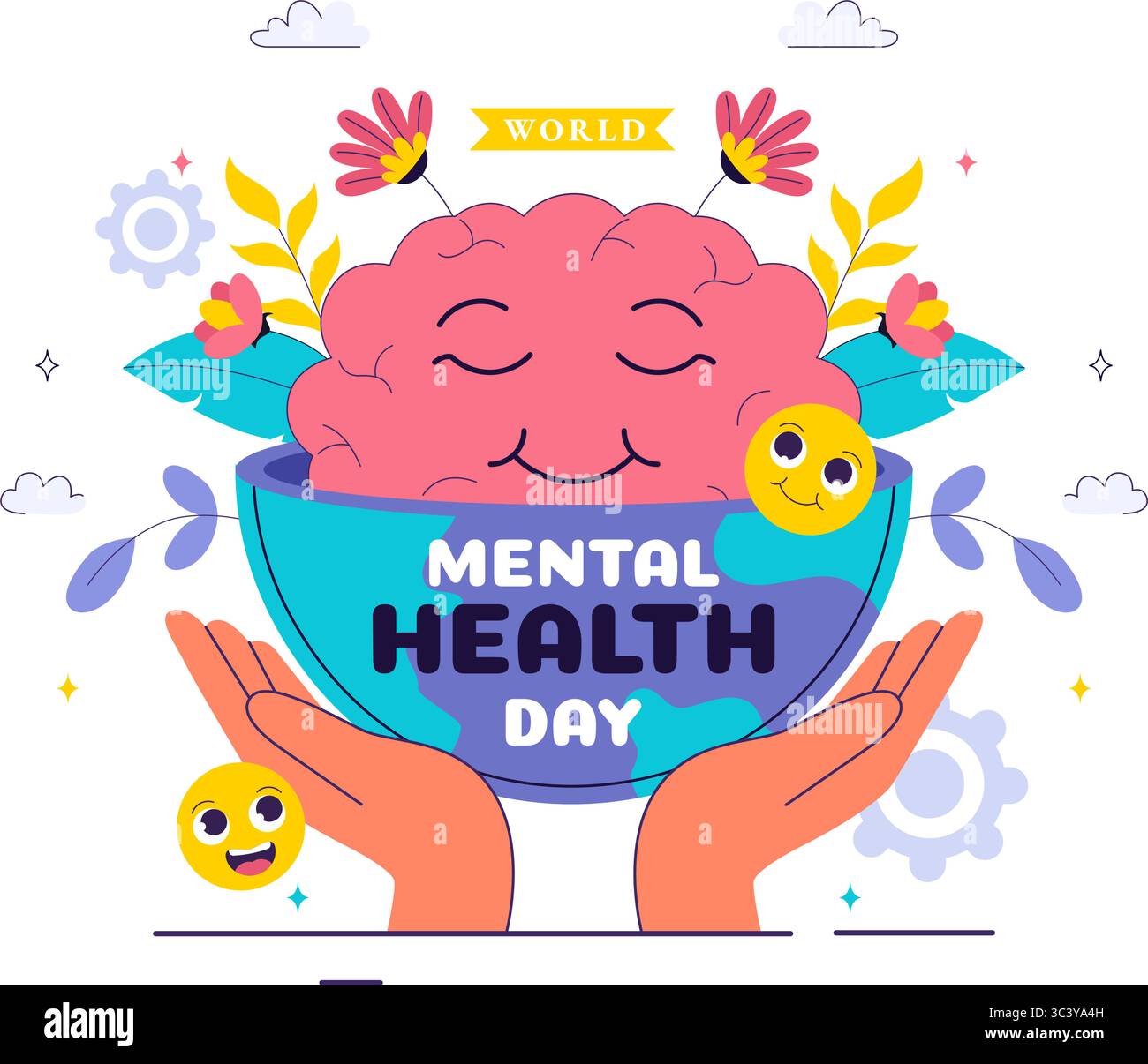 Mental Health Vector Illustration Featuring a Brain and Flowers ...