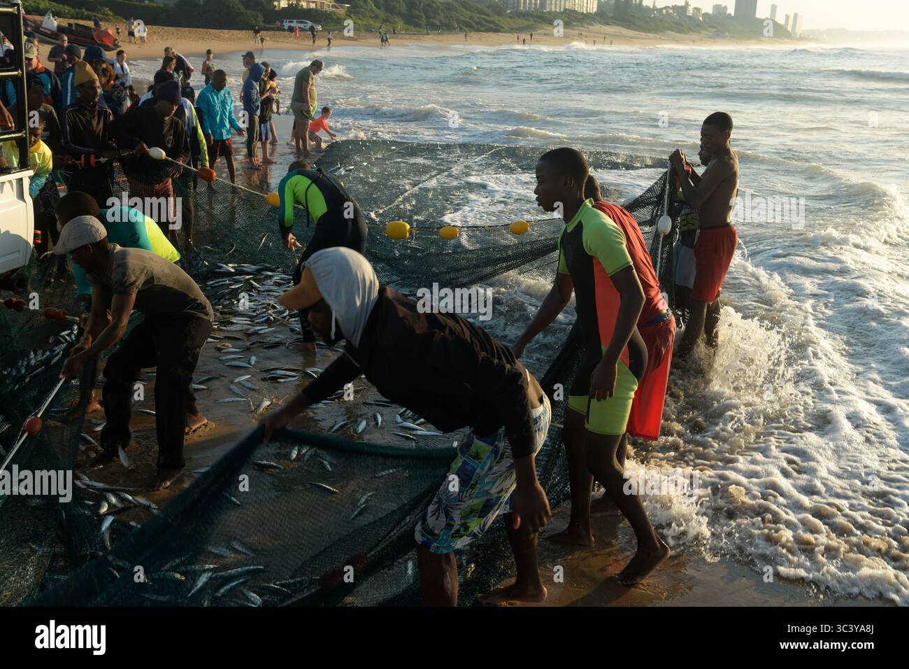 Group of men handling fishing net at Warner Beach, KwaZulu-Natal, South ...