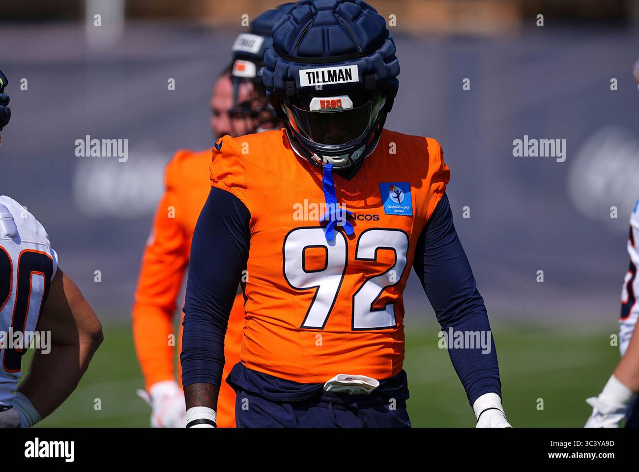 Denver Broncos linebacker Dondrea Tillman (92) takes part in drills during an NFL football ...