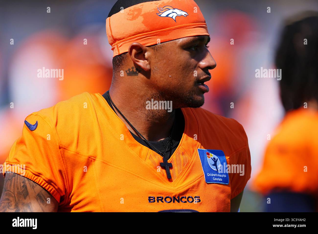 Denver Broncos cornerback Pat Surtain II (2) takes part in drills during an NFL football ...