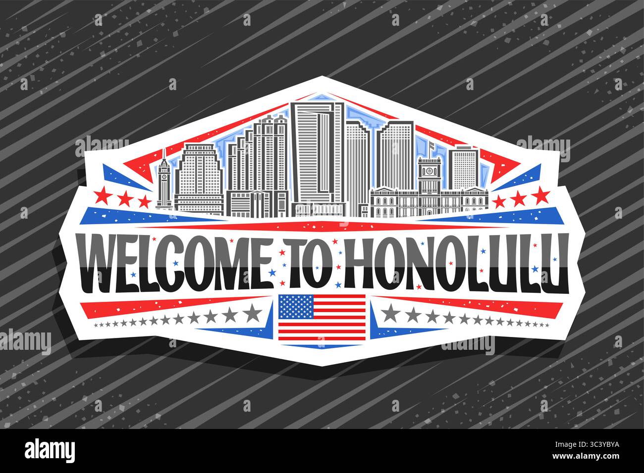 Vector logo for Honolulu, decorative cut paper badge with simple draw ...