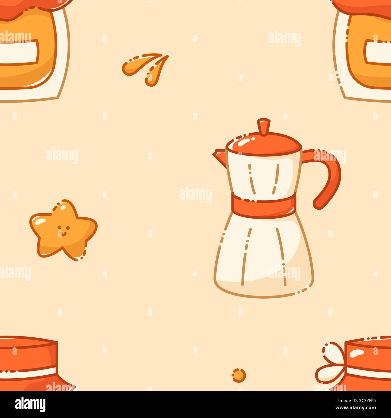 Kawaii seamless pattern for a coffee-themed drawn in pastel colors ...