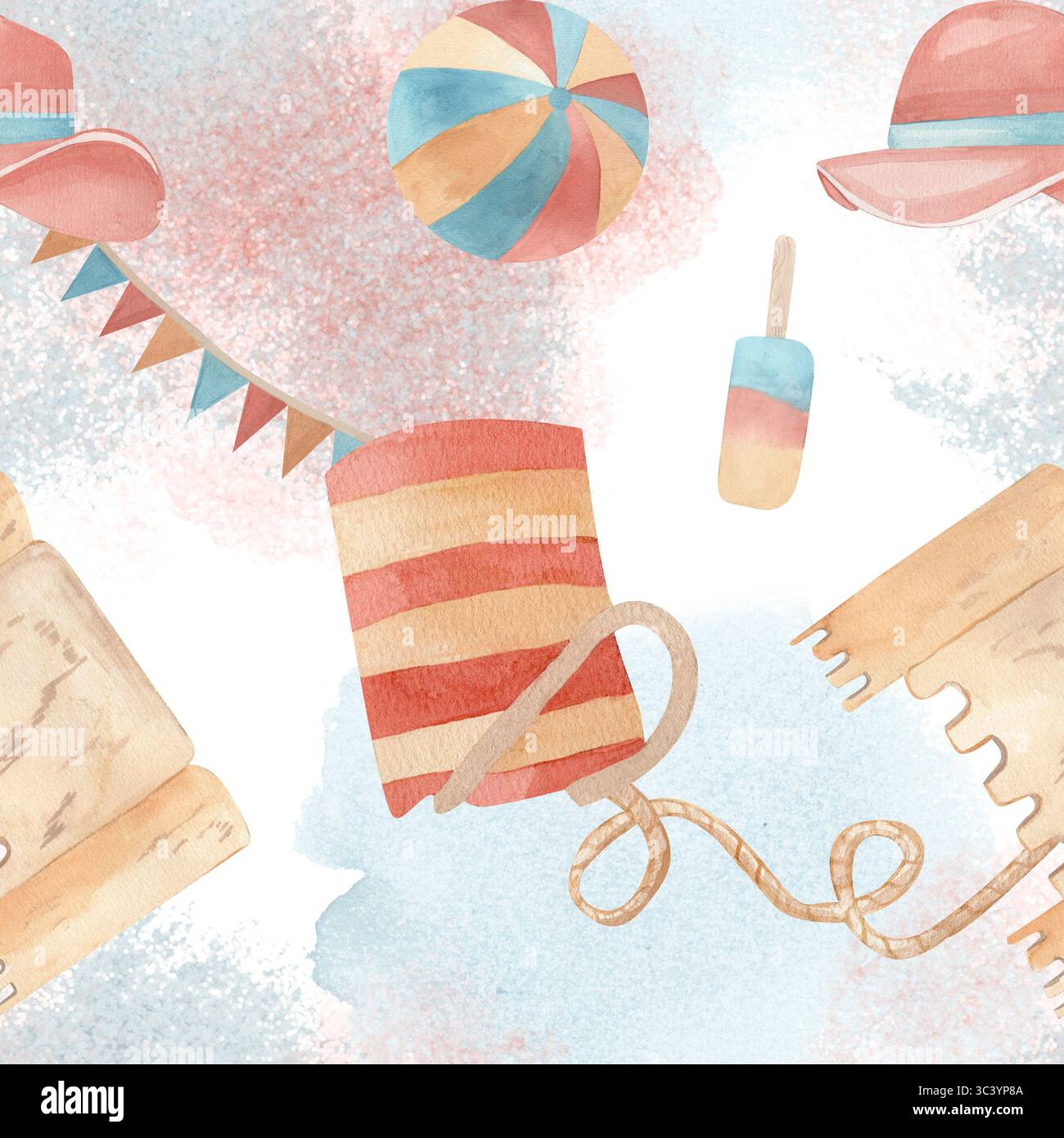 Watercolor seamless beach-themed pattern with striped bag, beach ball ...