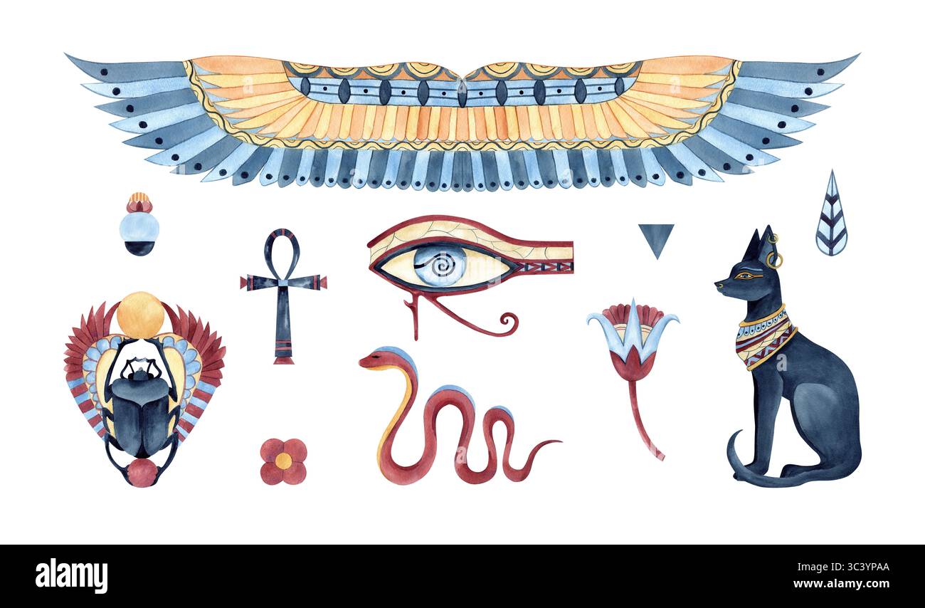 Set with Egyptian symbols, ancient religion icons. Bastet, Scarab ...