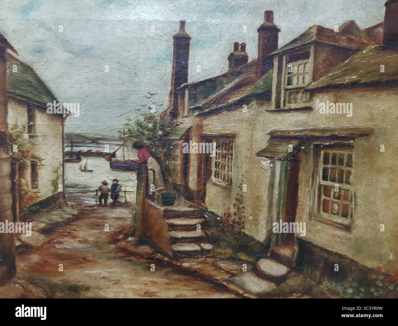 Detail from an antique oil painting showing a Cornish fishing village ...