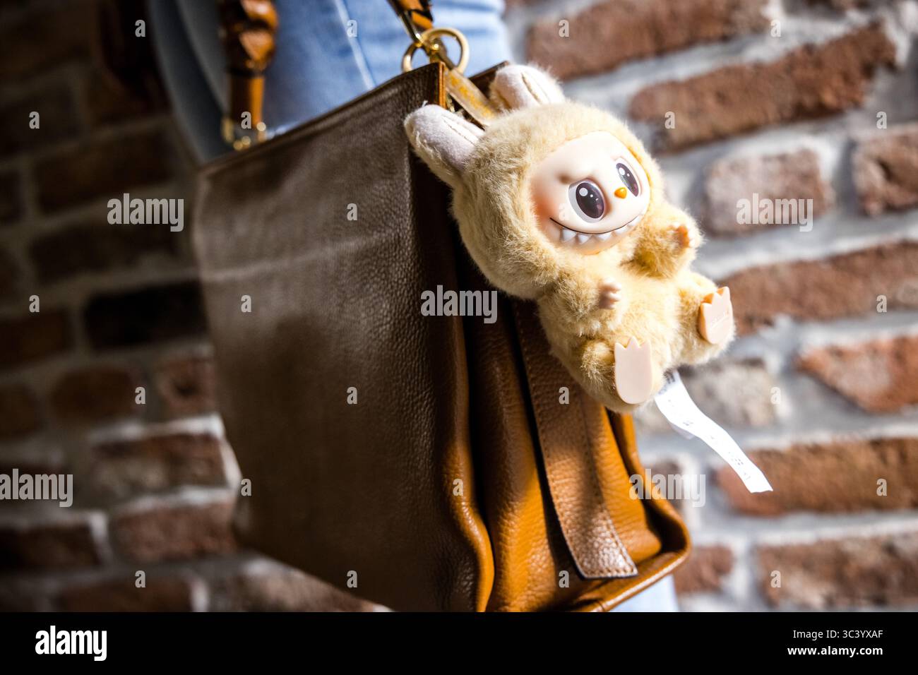 ILLUSTRATIVE - A Labubu stuffed toy attached to a handbag. Labubu dolls ...