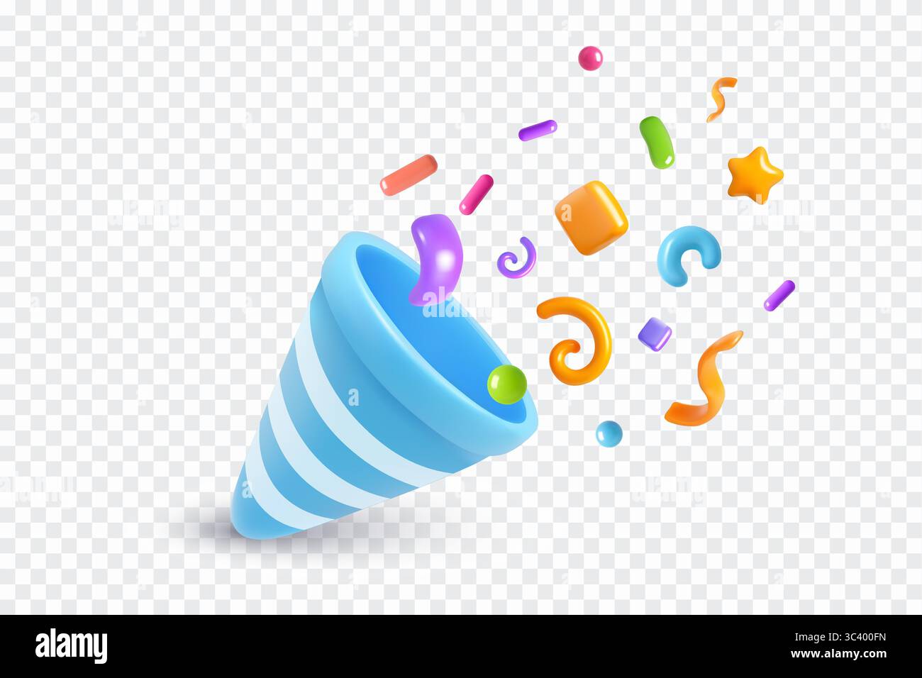 Blue 3D party popper releasing colorful confetti, curls, and cartoon ...