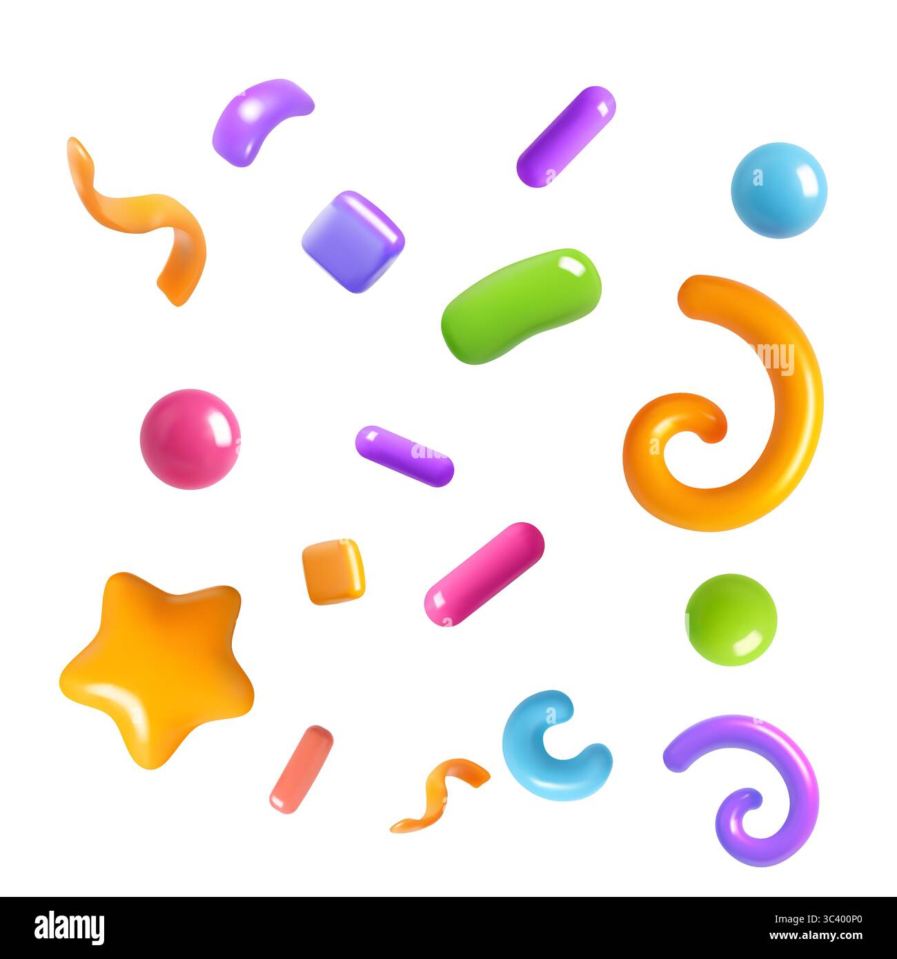 Collection of colorful 3D confetti shapes including stars, curls, and ...