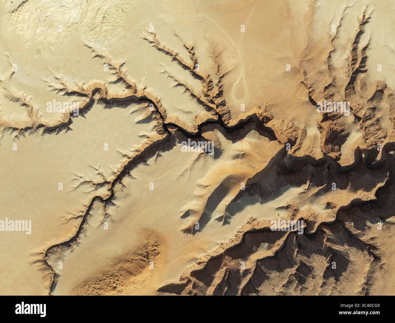 Aerial view of deep shadows accentuate the sinuous curves carved into ...