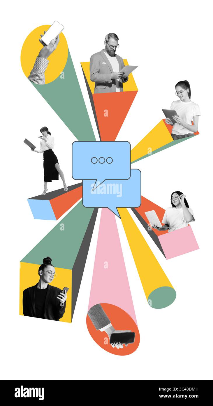 Bold poster of diverse professionals using mobile devices and tablets ...