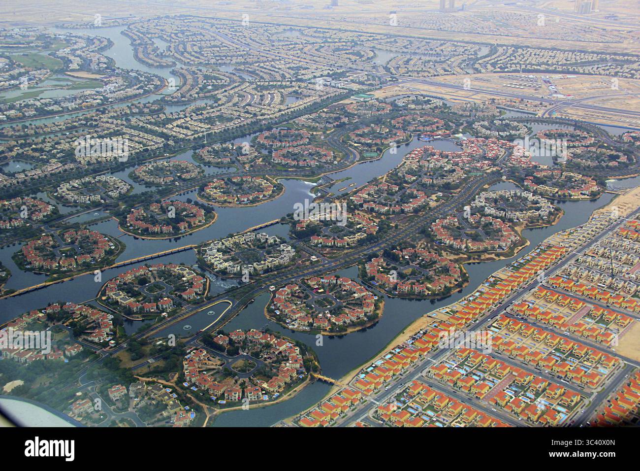 Aerial view of artificial island, The Palm, section of islands with ...