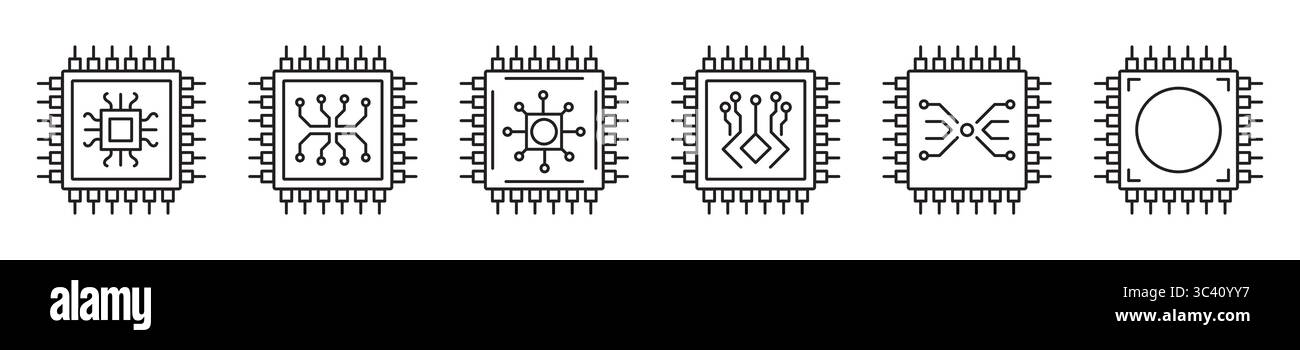 Set of editable icons of computer chips in linear style on white ...